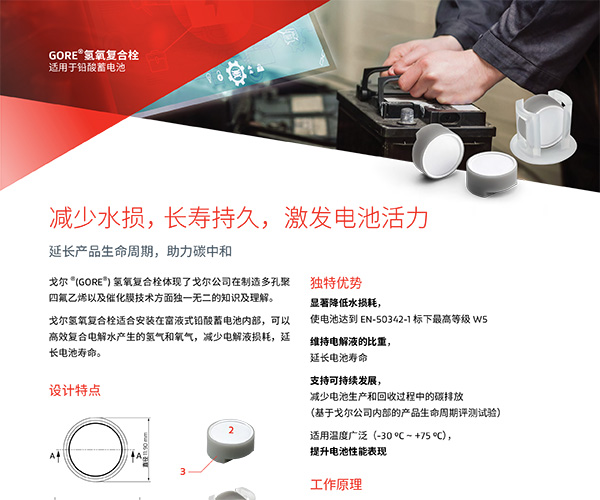 技术规格书：适用于铅酸蓄电池的GORE®氢氧复合栓 | Gore