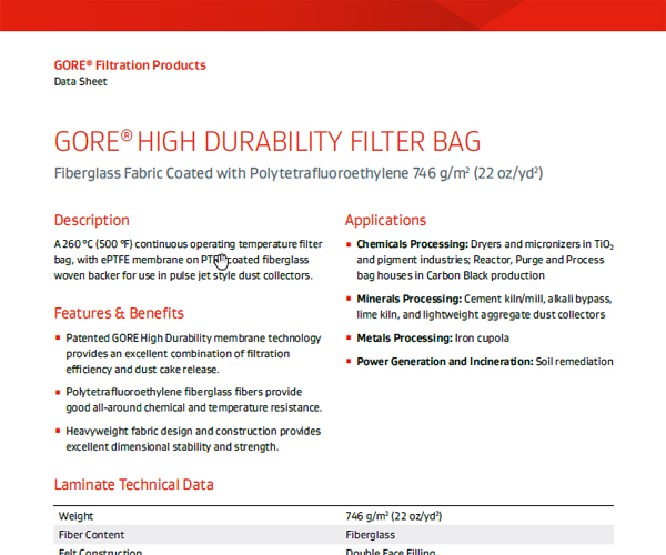 Data Sheet: Fiberglass Fabric PTFE Coated GORE Filter Bag 746 g/m2 (22 ...